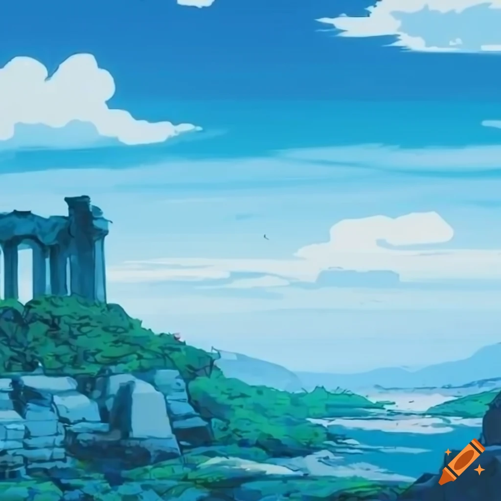 90s anime style background abandoned greek ruins at the morning