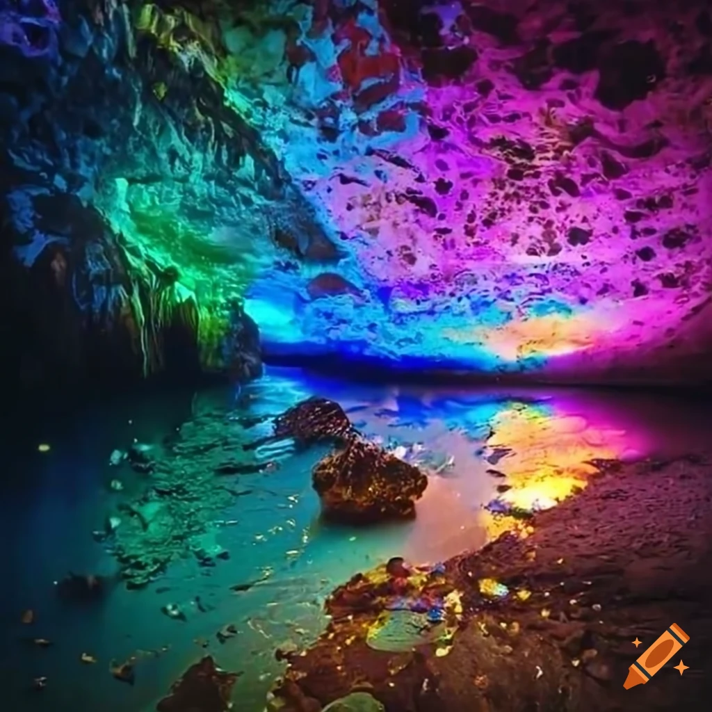Tidepool cave full of tiny glittering crystals of rainbow colors on Craiyon