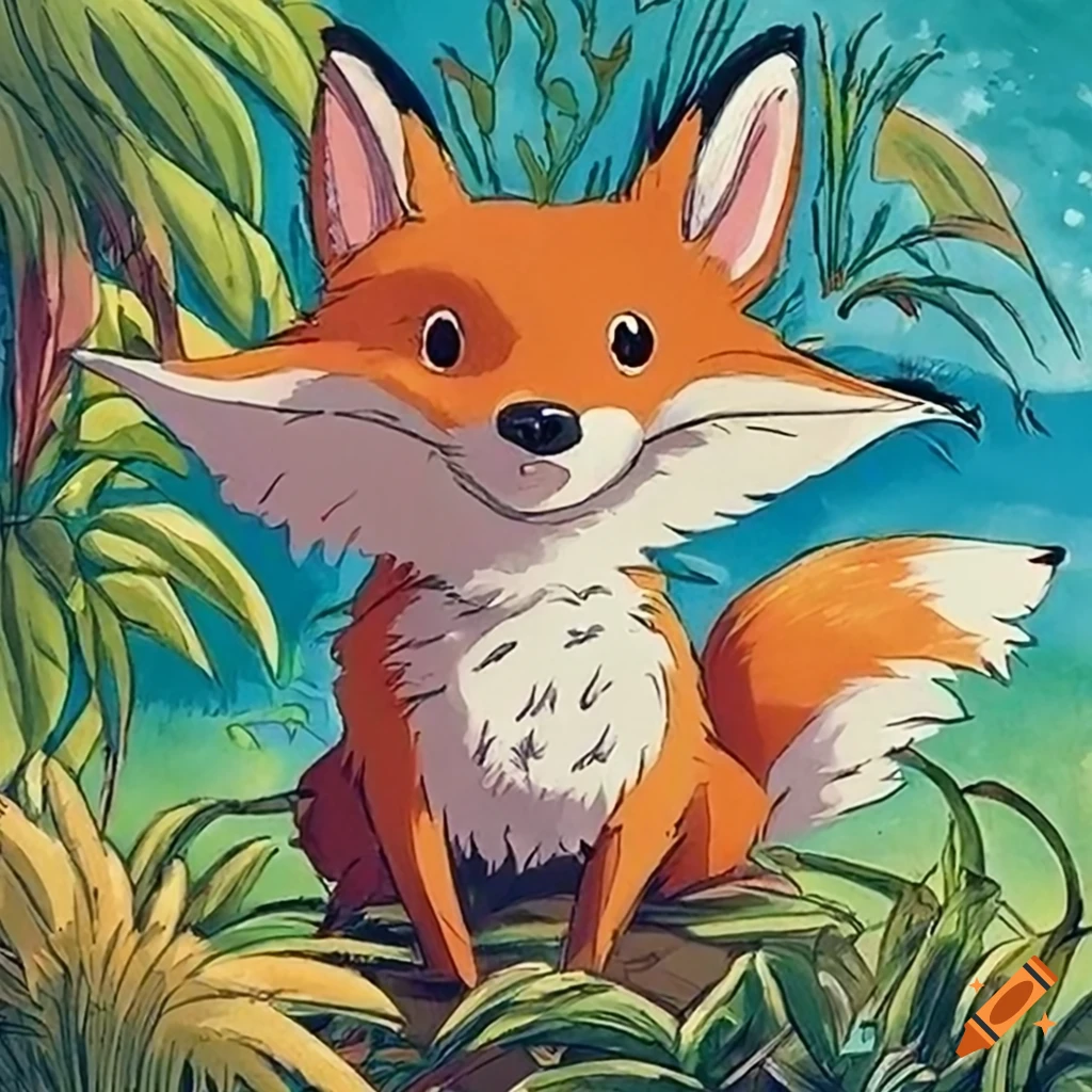A fox, happy, cartoonish comic illustration, studio ghibli on Craiyon