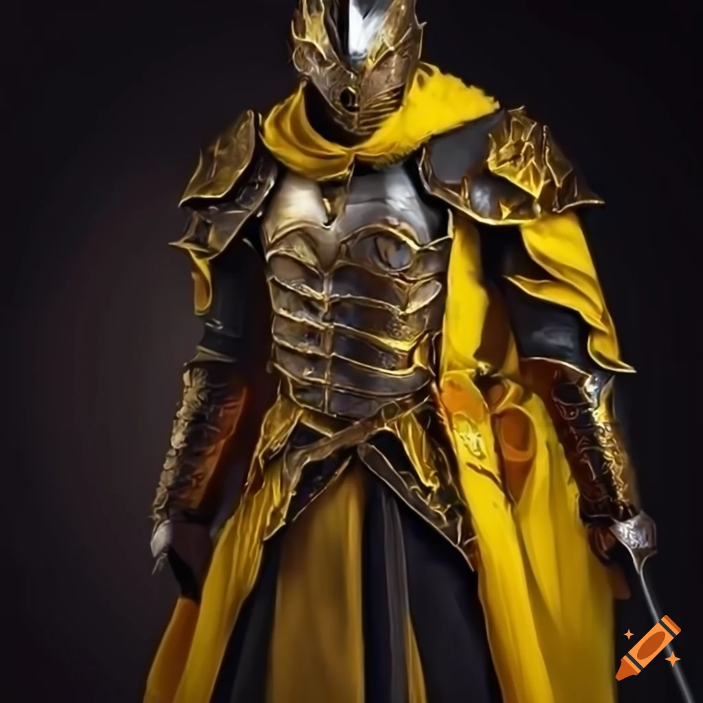 Bright fantasy warrior in dark-yellow outfit with silver armor pieces on Craiyon