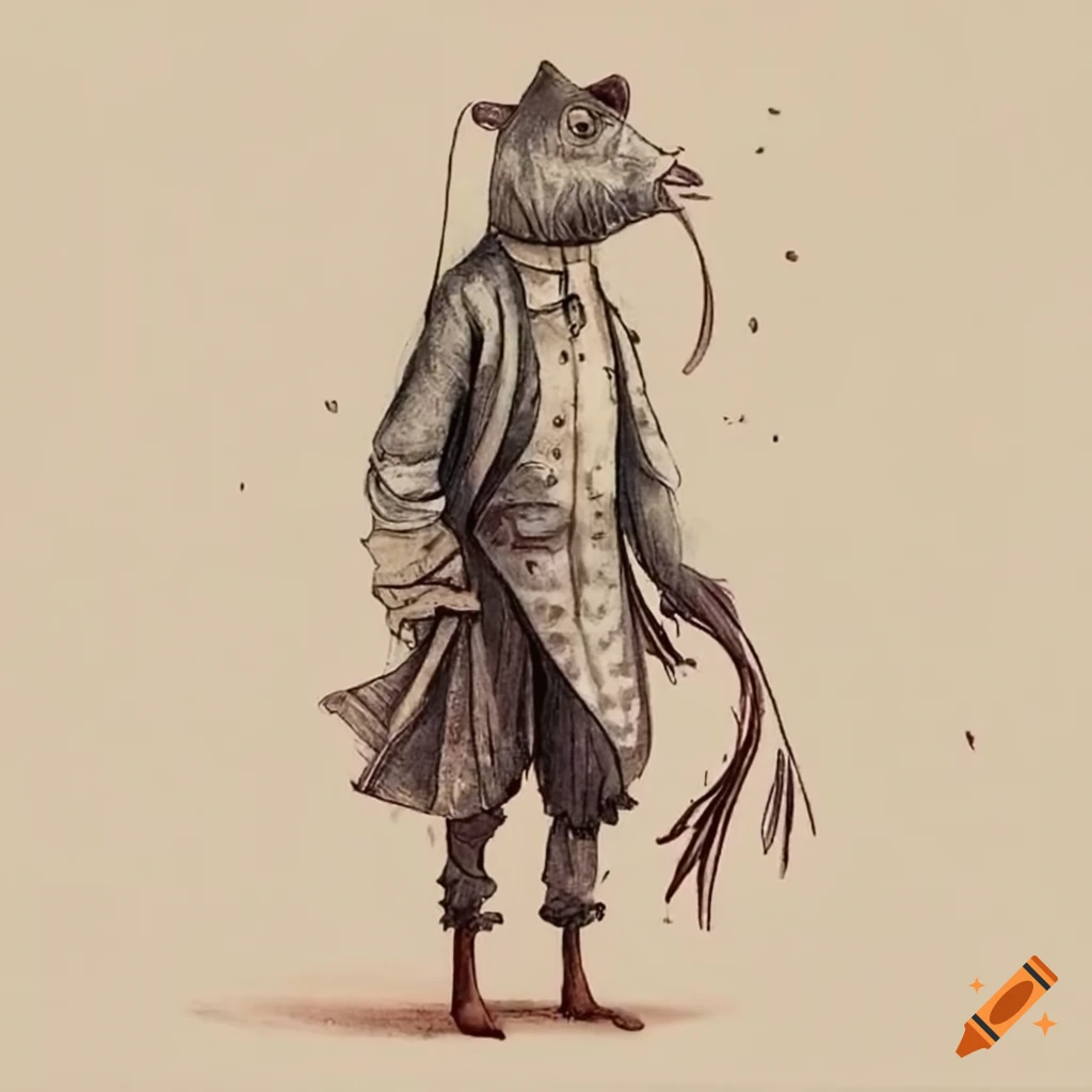 Tall anthropomorphic fish wearing man historical clothing