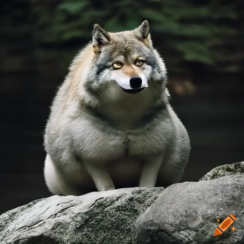 Obese fat chunky chubby humongous wolf standing on a rock surveying a ...