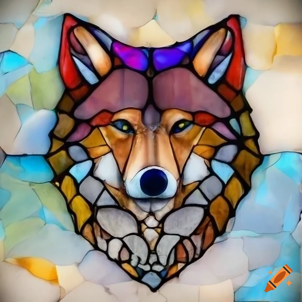 Cut stained glass of wolf face