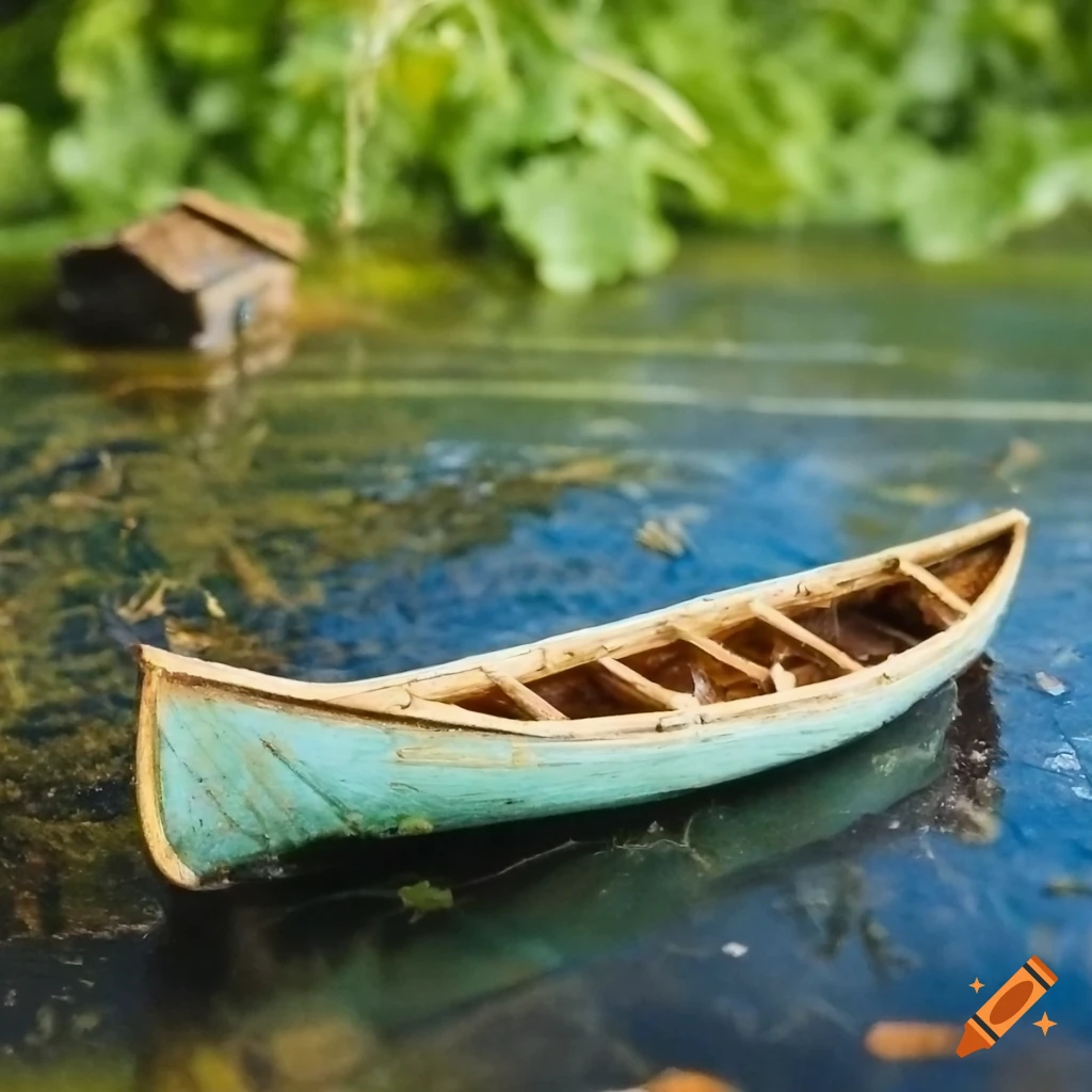 A mini canoe, in a mini lake, miniature diorama