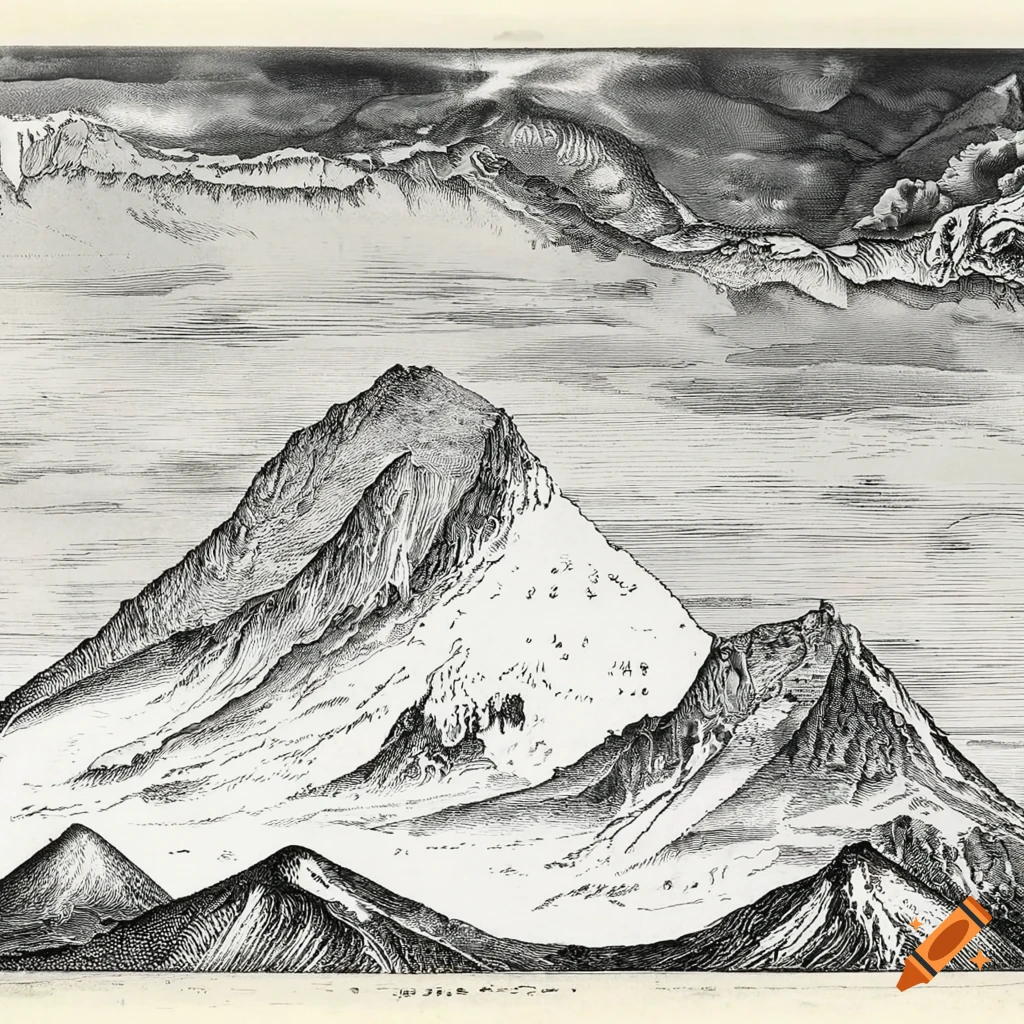 Detailed engraving of lovecrafts hallucinated mountains of antarctica