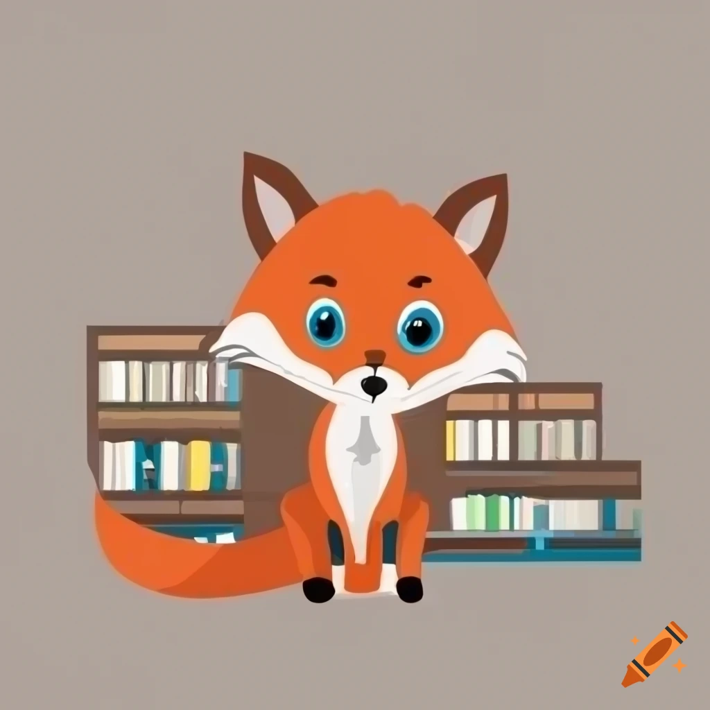 Vektorgraphic of a fox at a cozy library with transparent background