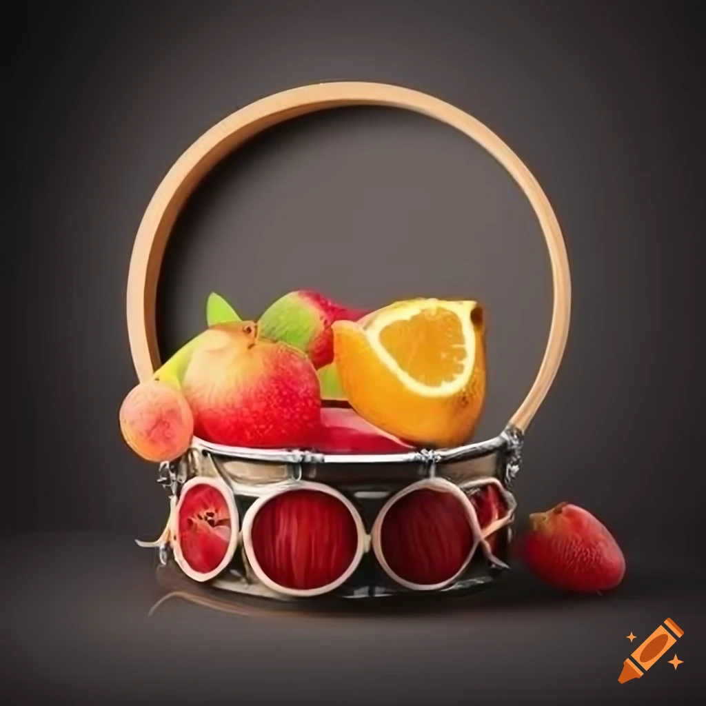 Fruit drum and the word music written with fruit on the top of drum and ...