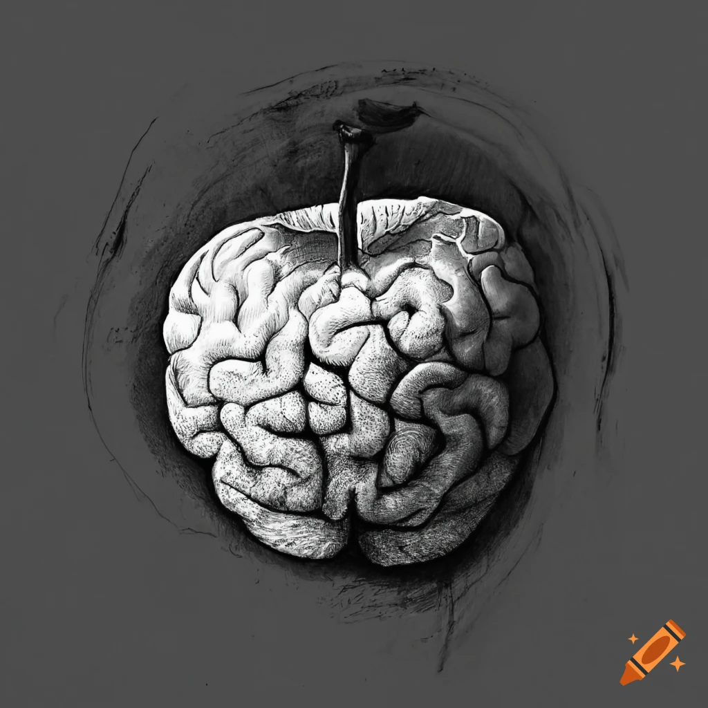 Apple shaped brain in the style of Zdzisław Beksiński, black and white ...