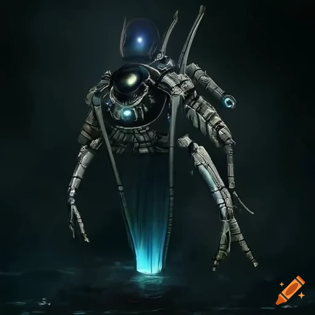 A futuristic robotic insect samurai guarding a majestic waterfall