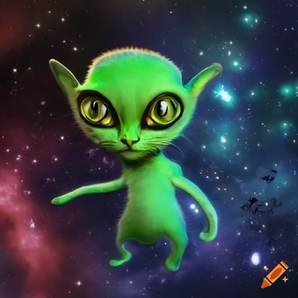 A green alien cat in outer space with spaceships in the background on ...