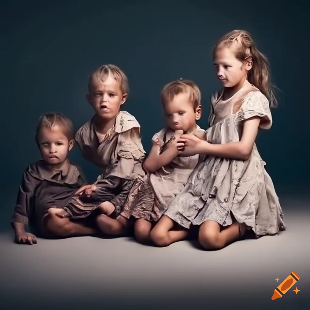 Peasant children sitting on bleachers, professional fashion photography
