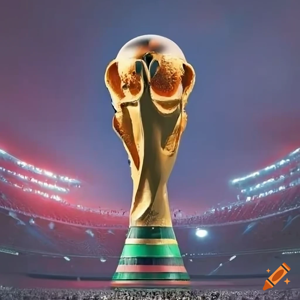 Fifa world cup trophy with uefa championship final stadion as 16:9 wide ...