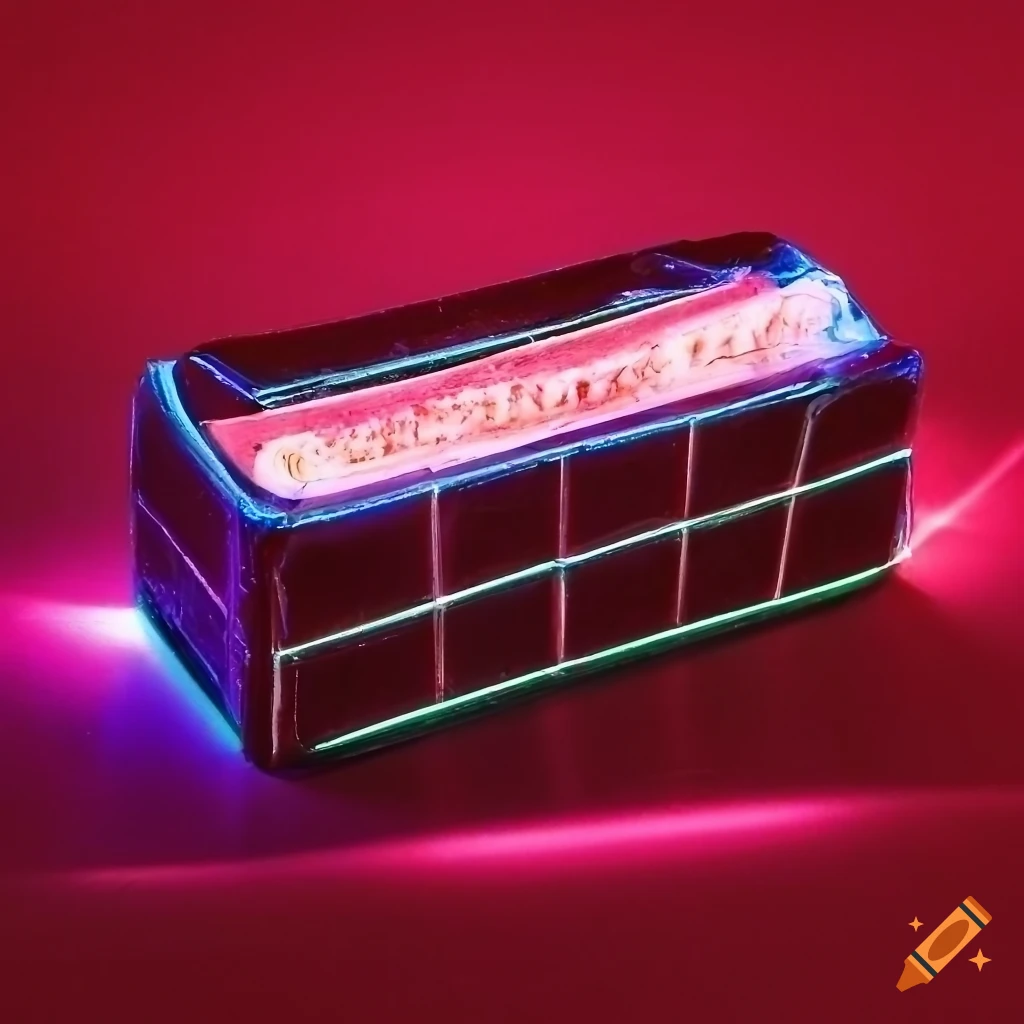 A gooey snickers bar filled with neon lights and with dust on it lying ...