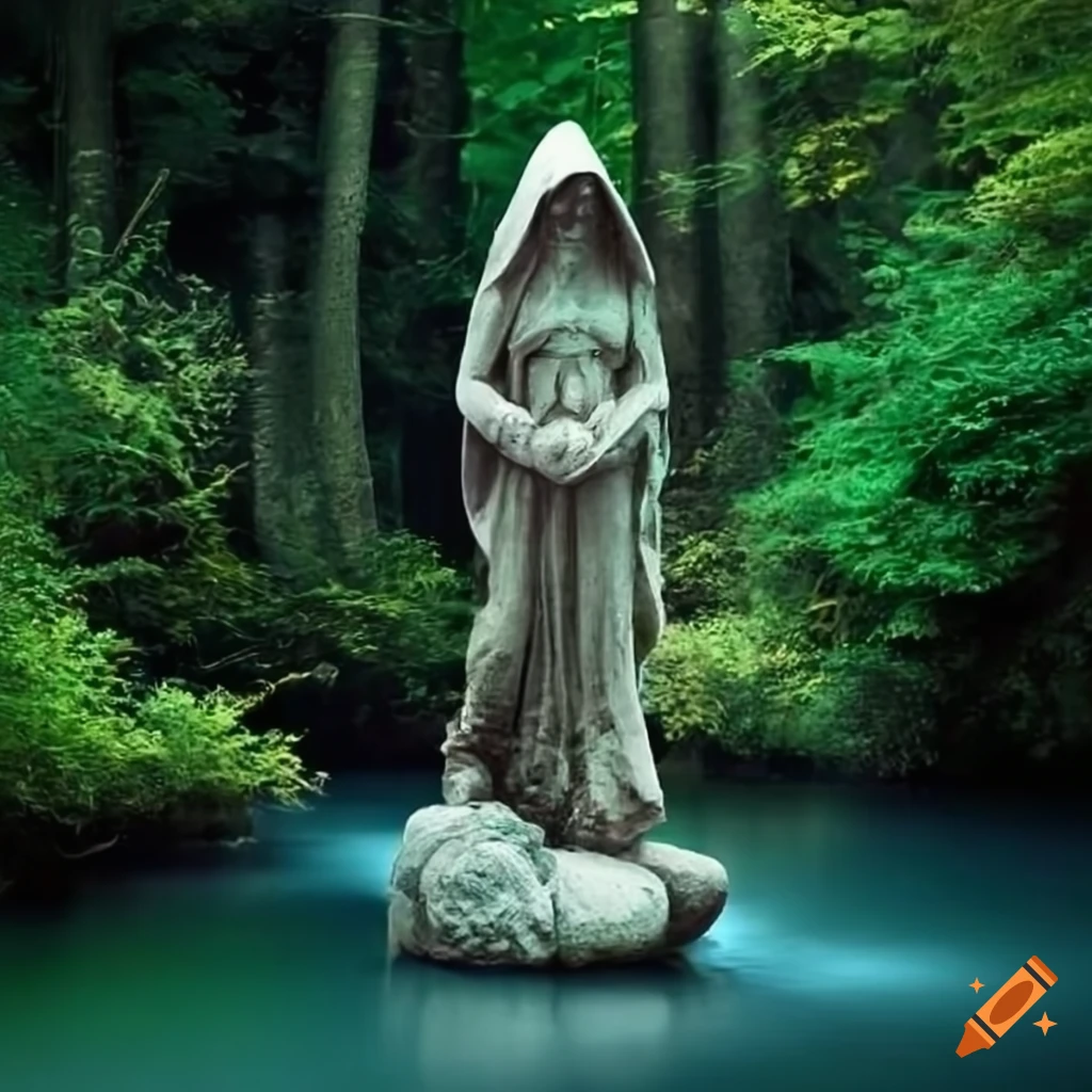 Hooded elf statue in river out of stone and old