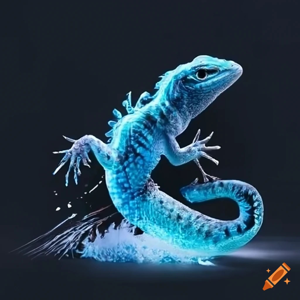 Ice lizard leaping at phoenix on Craiyon