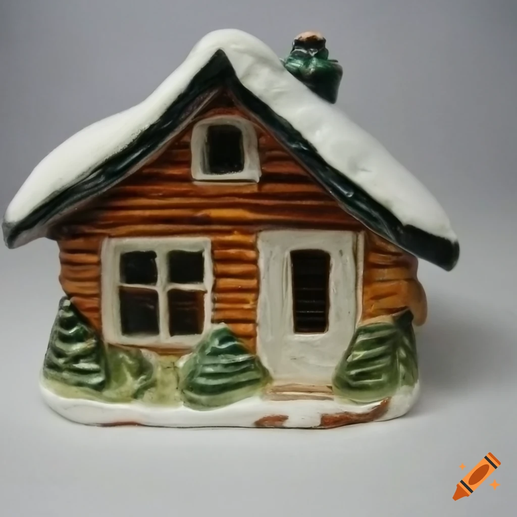 Ceramic figure of a snowy cabin, product photo, ceramic details