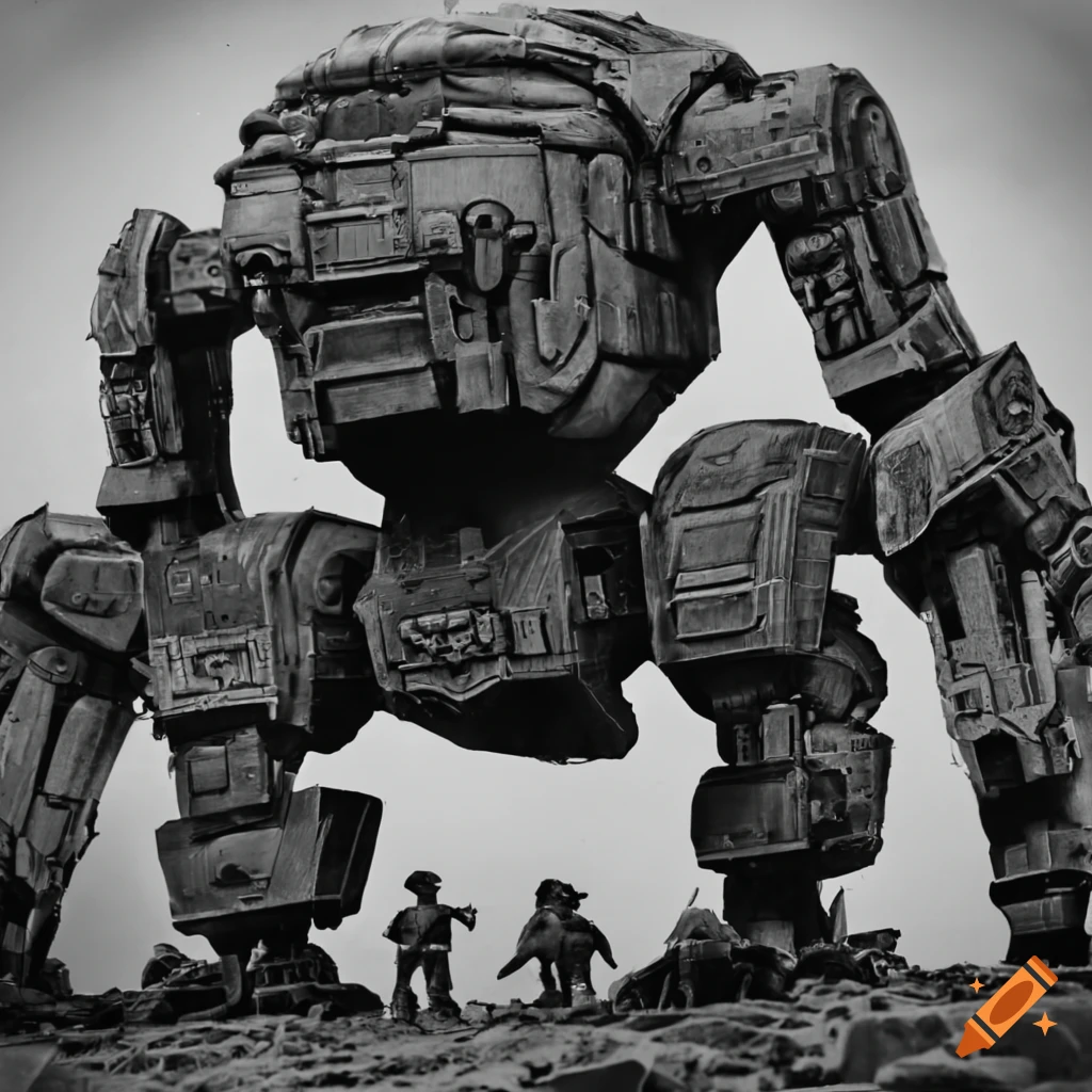 Ww1, western front, giant mech, black and white on Craiyon