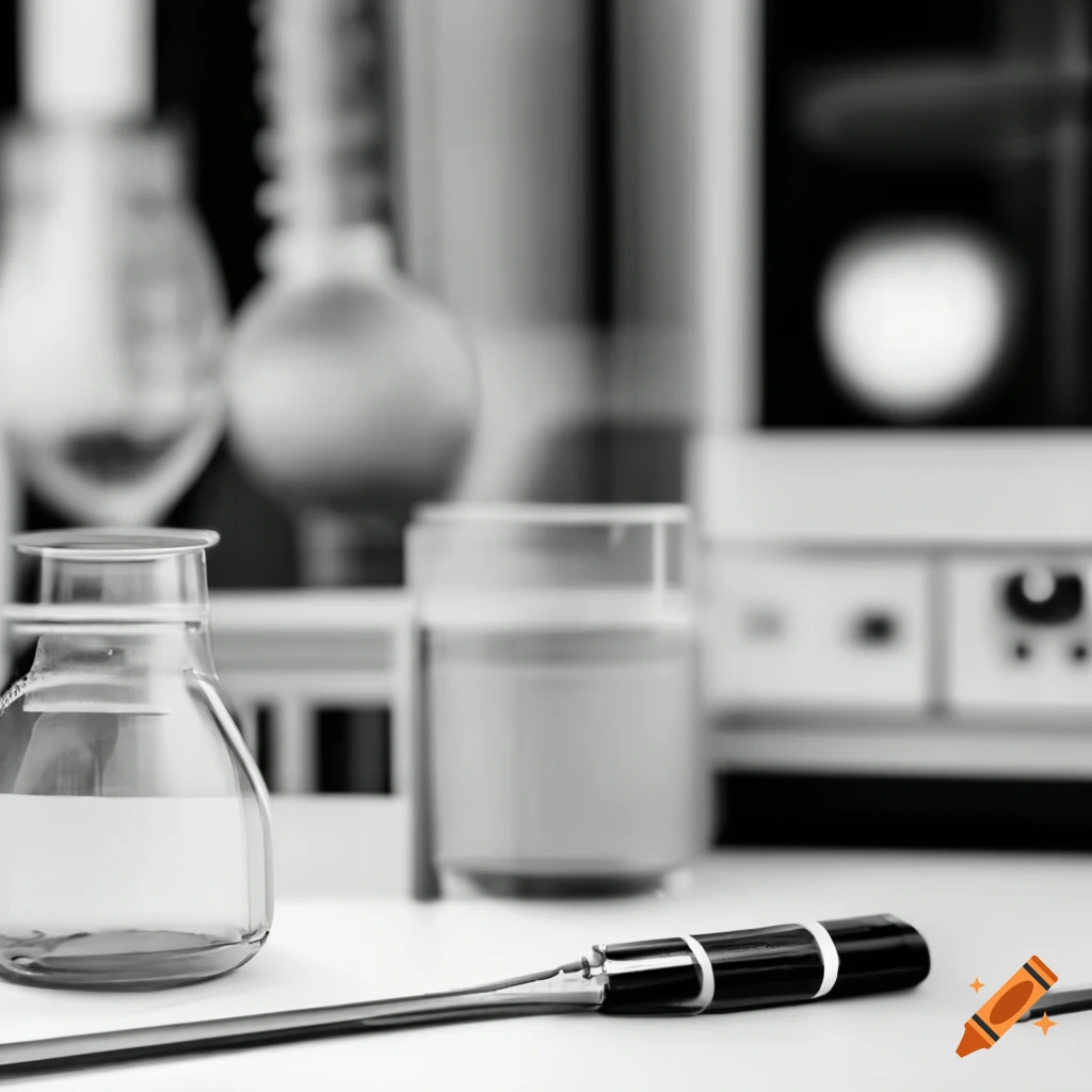 Realistic photo of a laboratory space with equipment n black and white