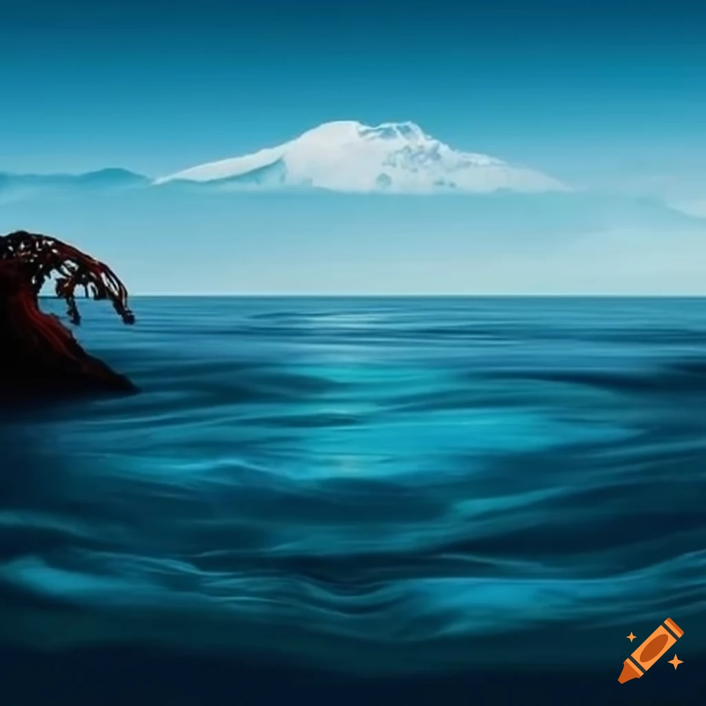 An ocean scene with an erupting volcano in the background