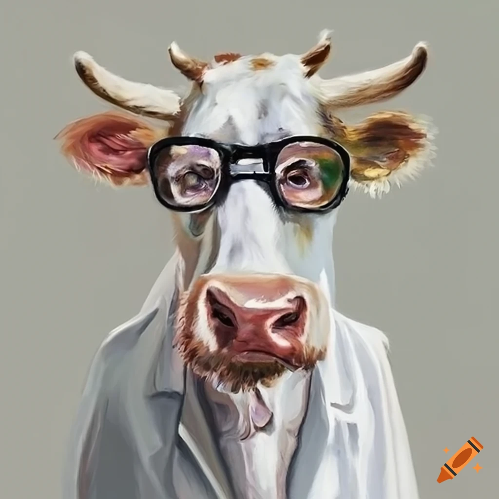 A cow dressed in a white lab coat, wearing spectacles