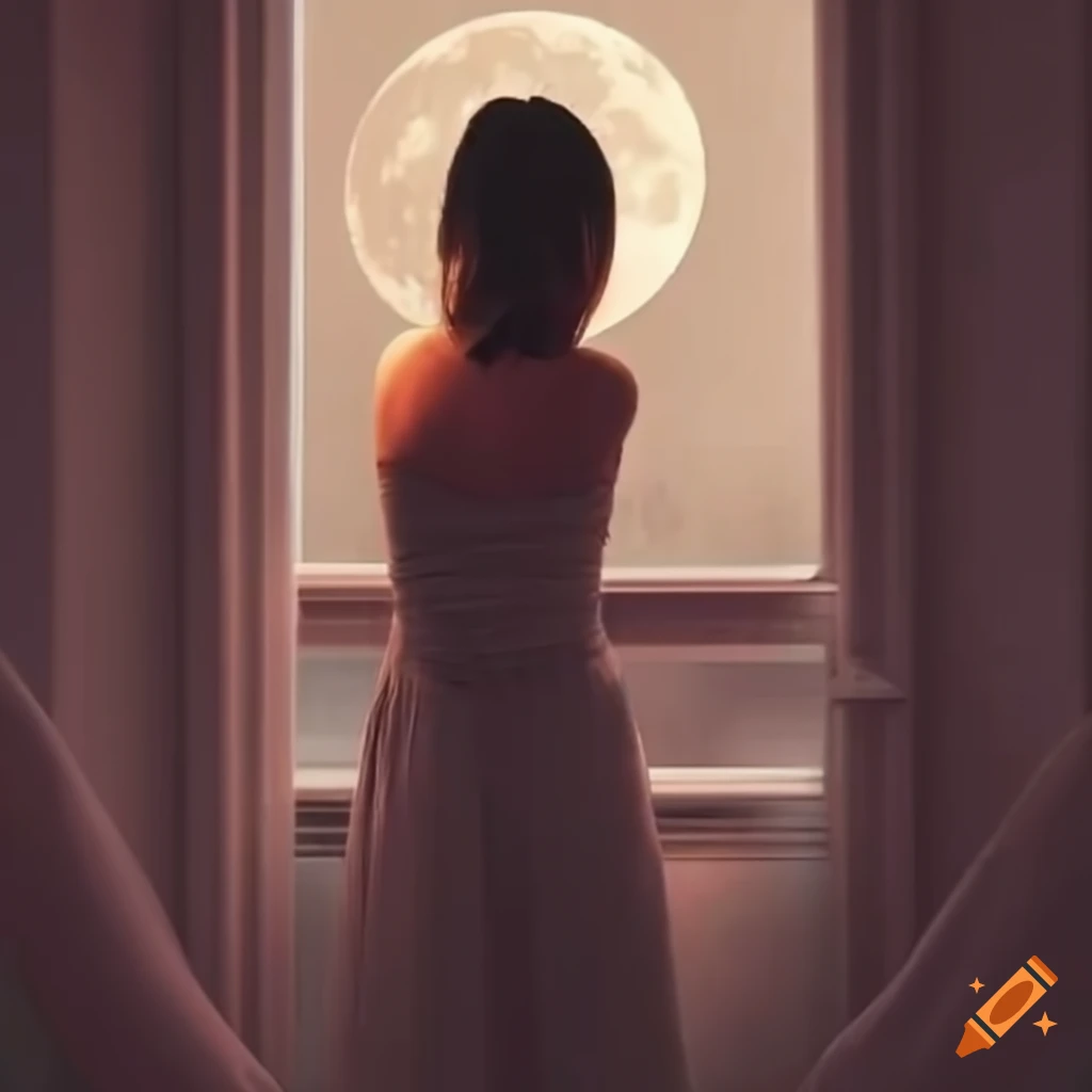 A woman looking at a full moon from her bedroom window on Craiyon