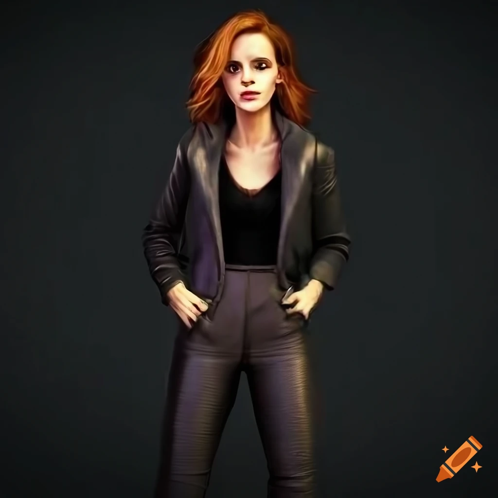 Photorealistic, emma watson, ginger hair, slim, punk style, zip front ...