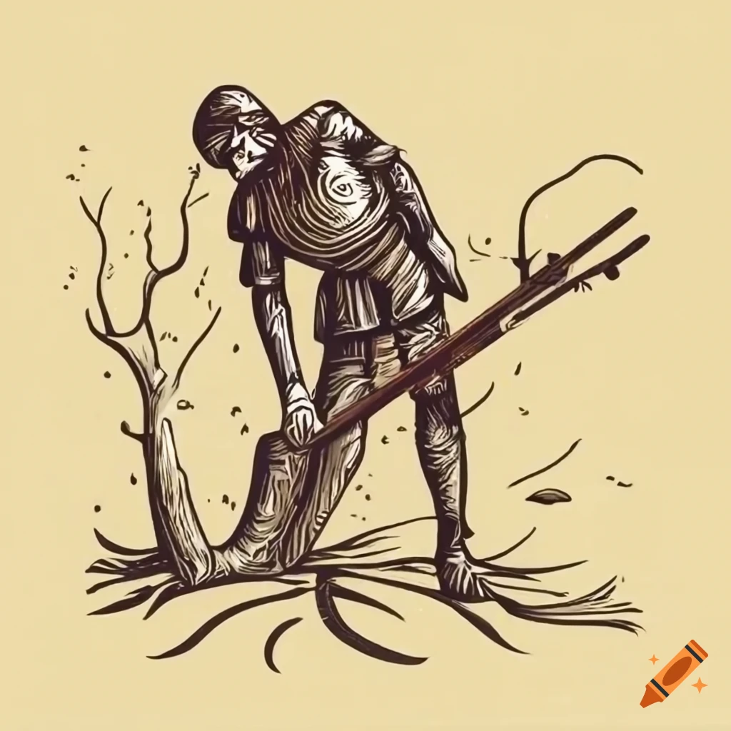 Medieval man cutting down trees drawn in woodcut style on Craiyon