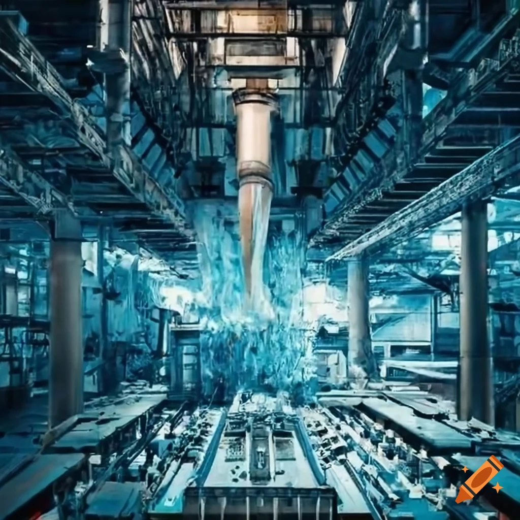 A large machine in a factory with water pouring onto it from the ...