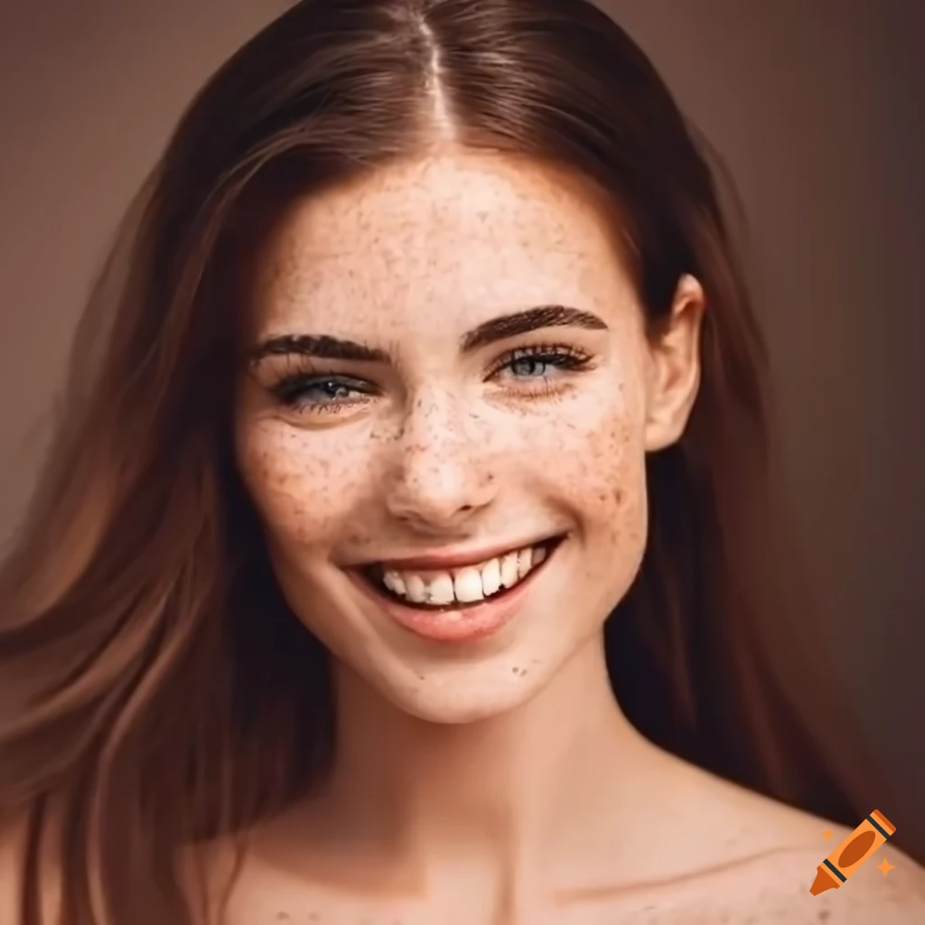 Beautiful young woman delicate freckles shy smile brown hair