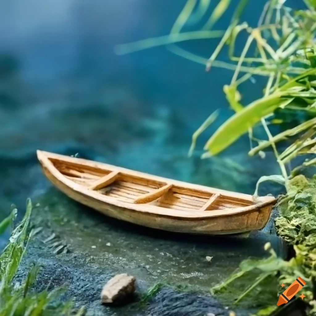 A mini canoe, in a mini lake, miniature diorama