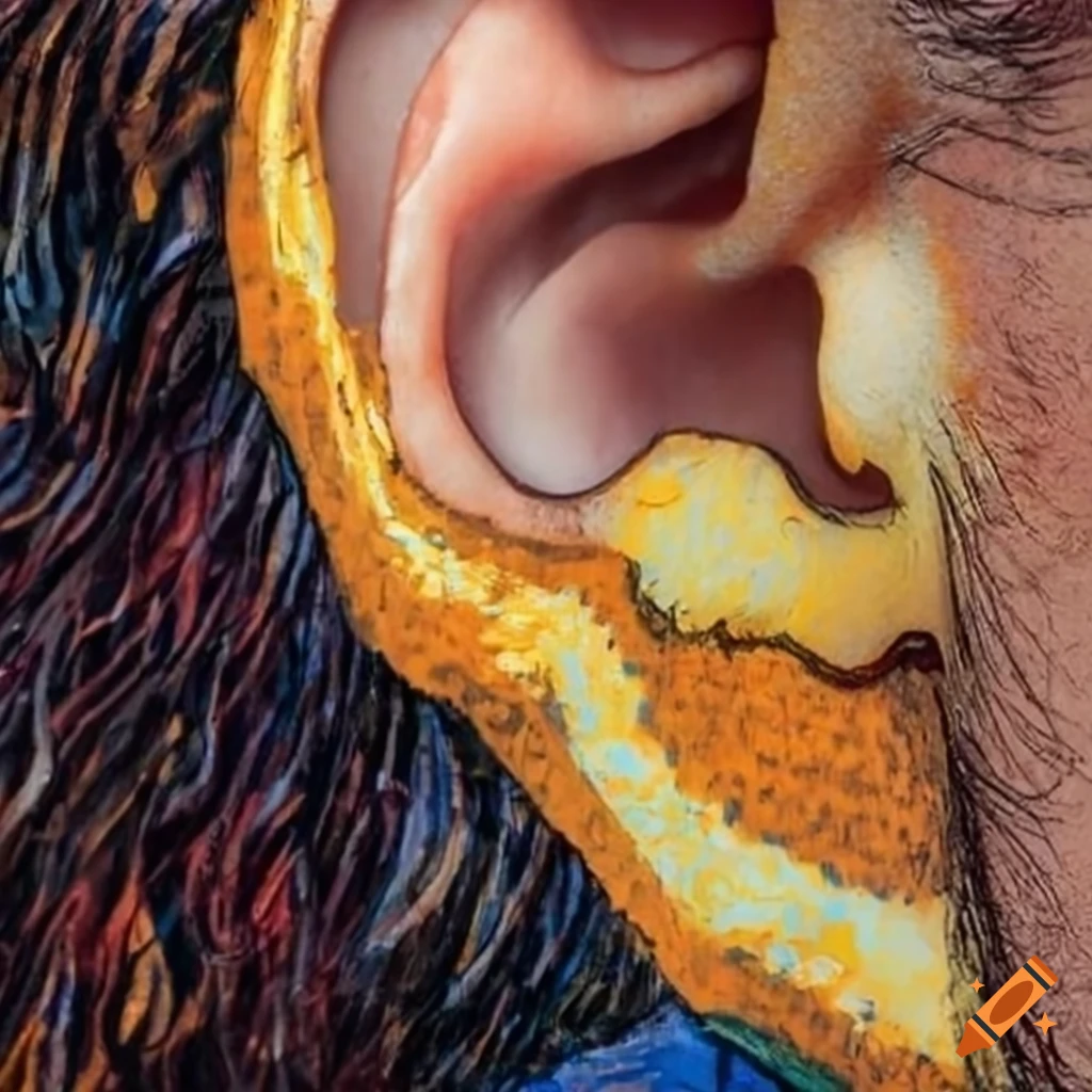 Ear doctor looks van gogh picture with cut off ear