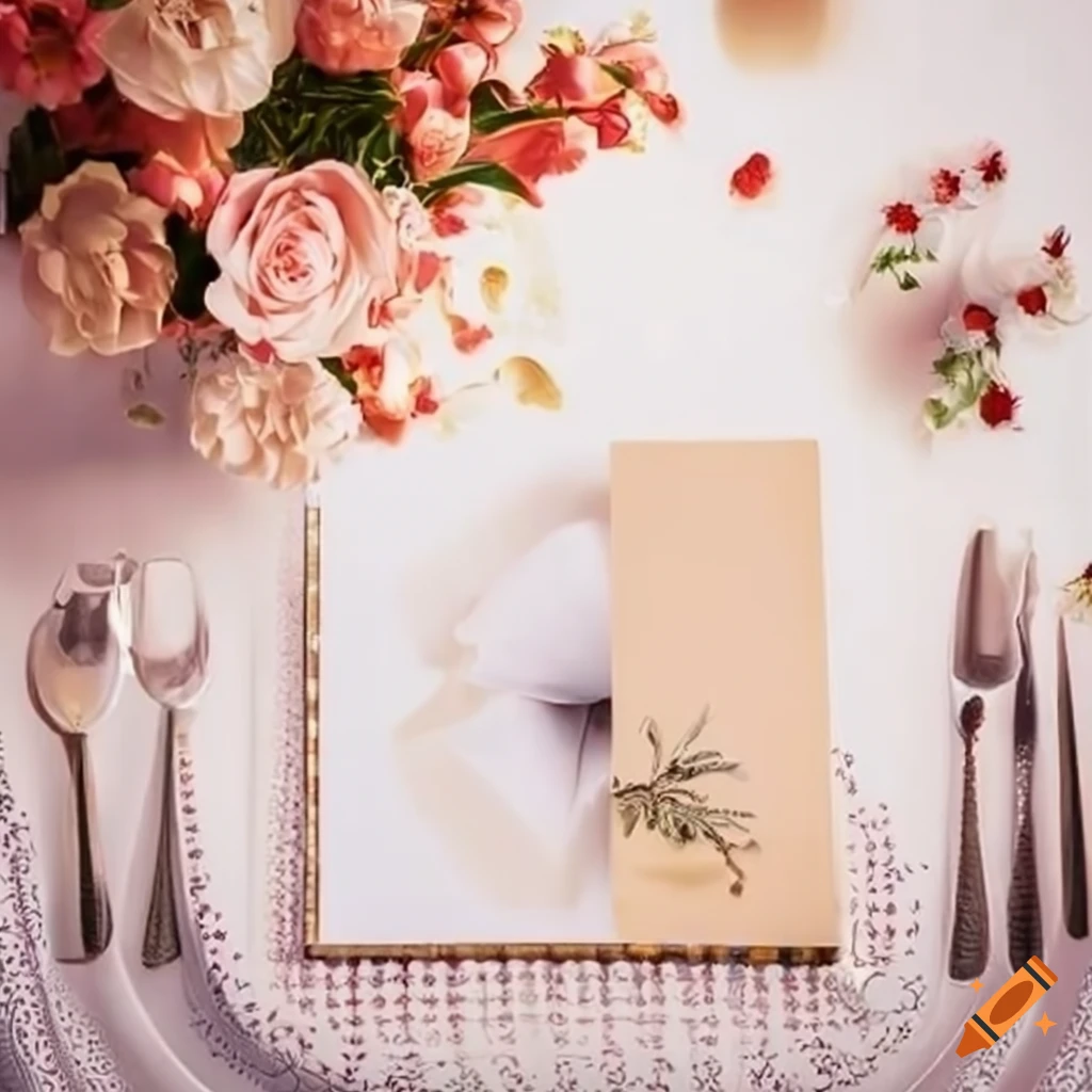 Menu card on a decorated table with white tablecloths and flowers