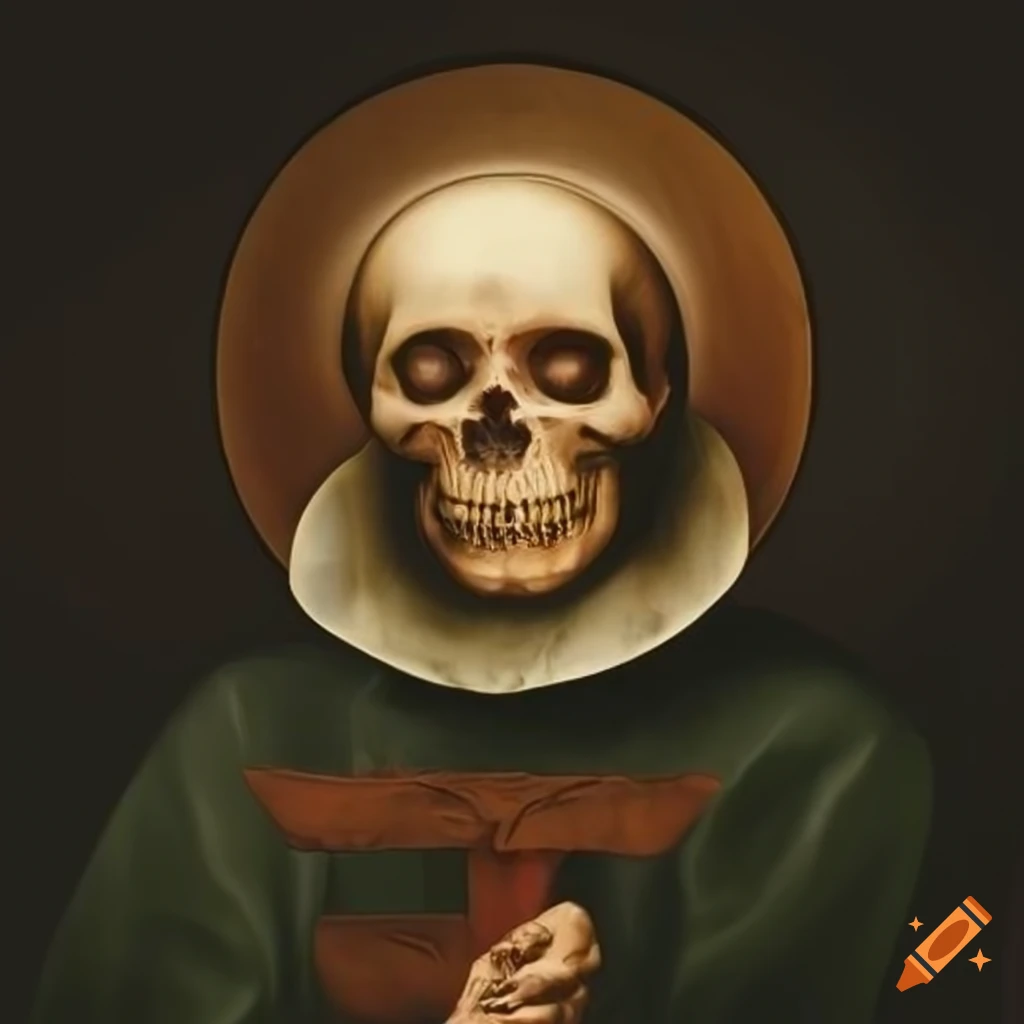 Portrait of a saint with a half skeletal face and halo