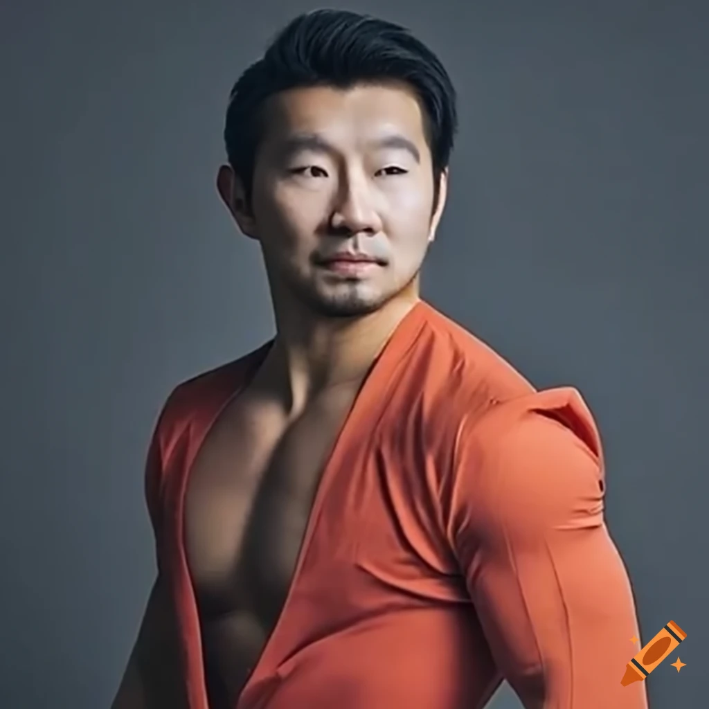 Simu Liu cosplayed as son goku, only wearing pants on Craiyon