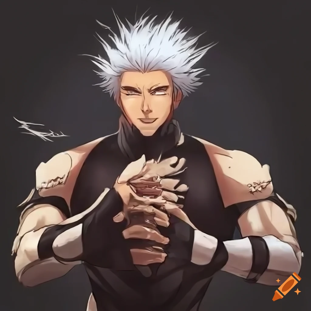 Handsome man with a white spiky hair, brown eyes with tornados in them ...