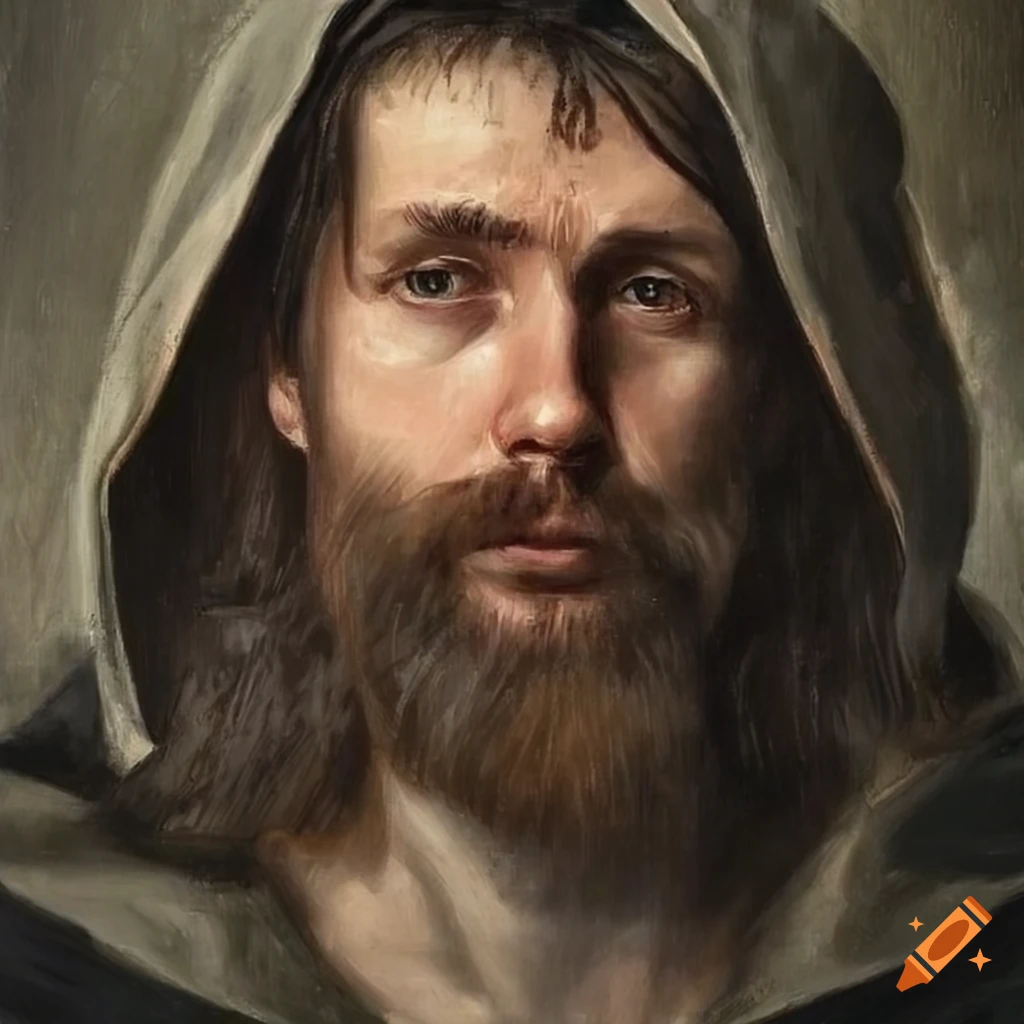 A portrait of a grizzled Caucasian man with long, dark brown hair ...