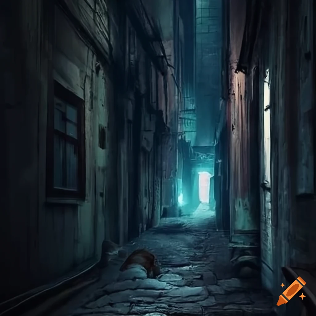 Dark, creepy alleyway with cats with glowing eyes