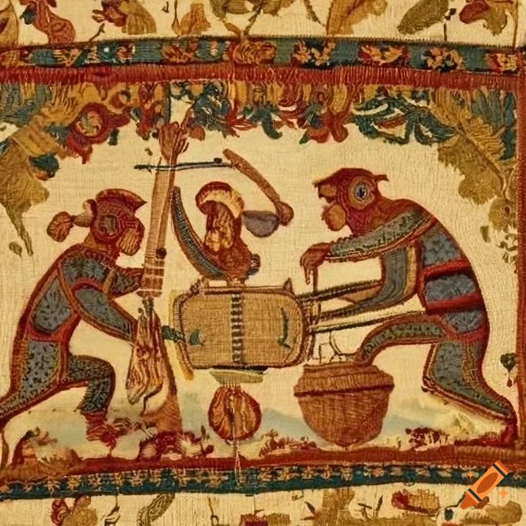 Bayeux Tapestry depicting lively monkeys playing instruments surrounded ...