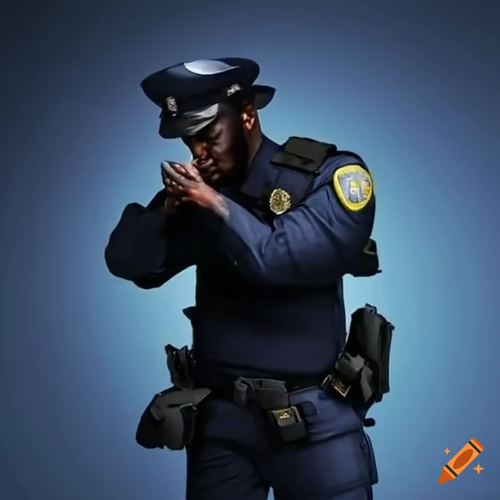 Black police officer with body armor tying his shoes and in pain on Craiyon