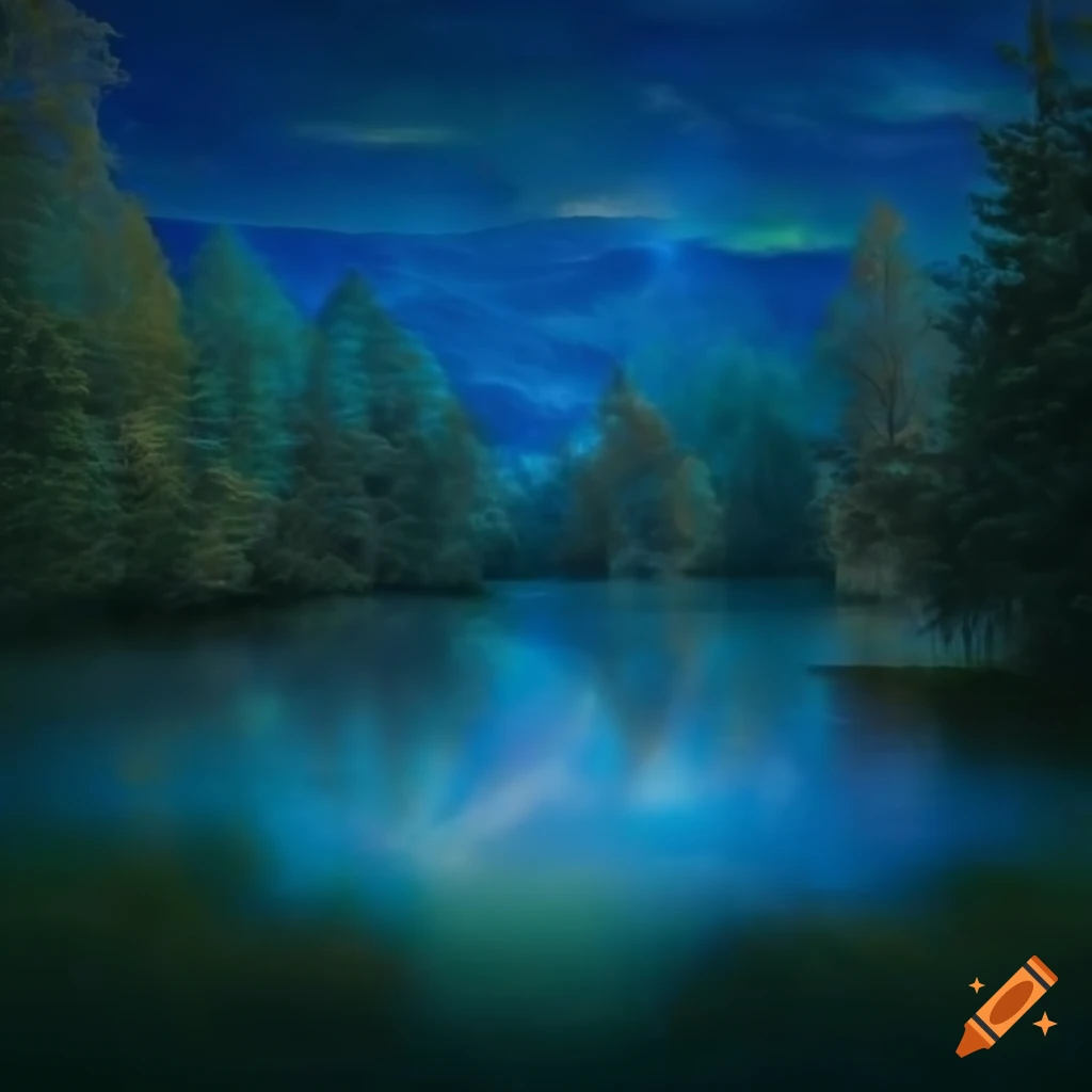Create a photo of a large enchanted lake in front of an enchanted ...