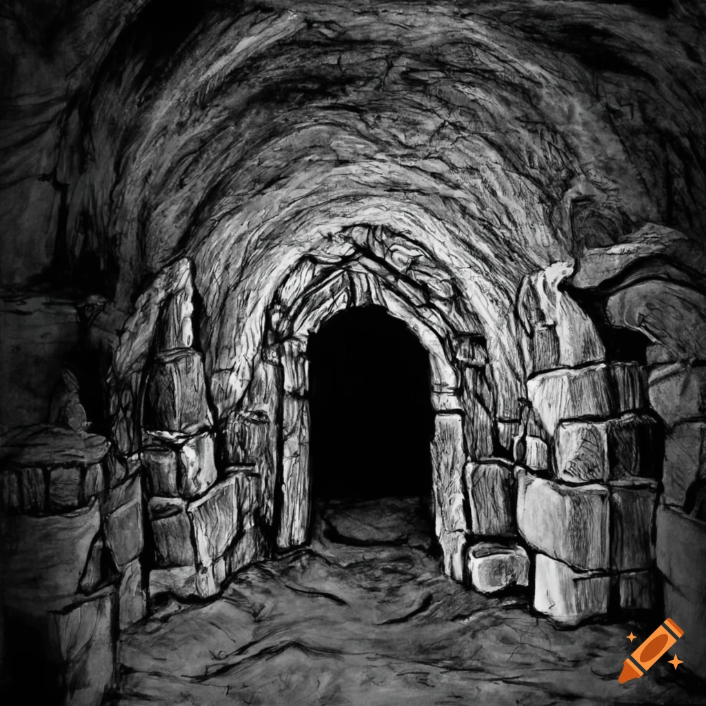 Dark medieval catacombs black & white pencil sketch made of detailed ...