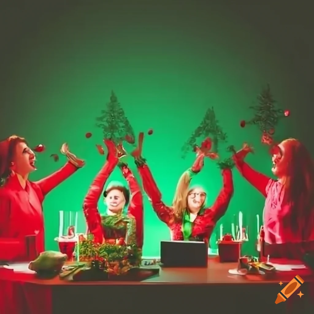 Office christmas party with colleagues gathering together in green and ...