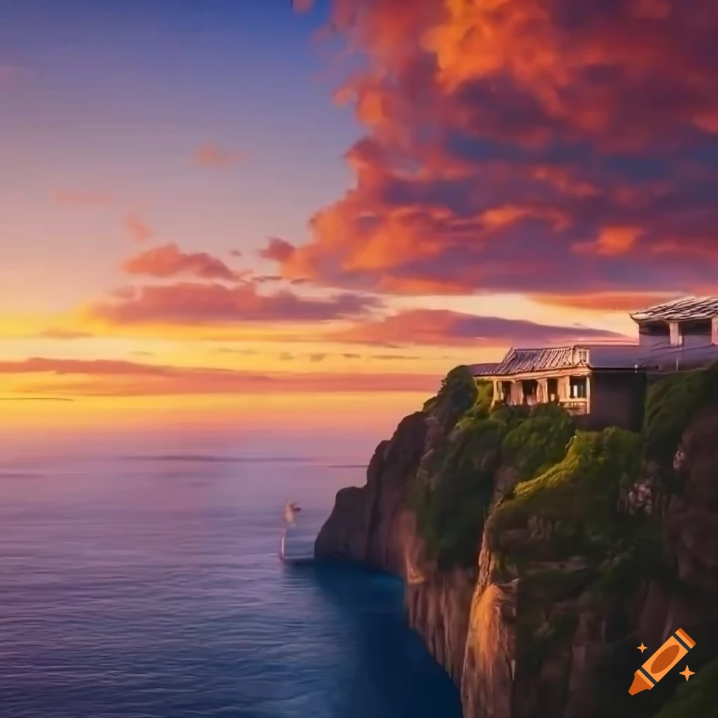 A mansion on a giant cliff, seaview with sunset, colorful and bright ...
