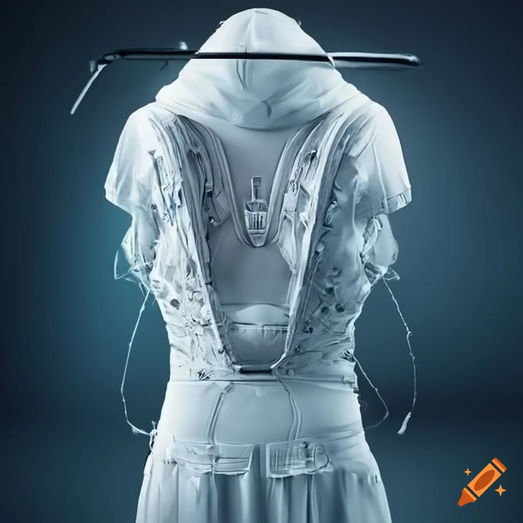 Highly detailed futuristic fashion for space travel, white, clean garments