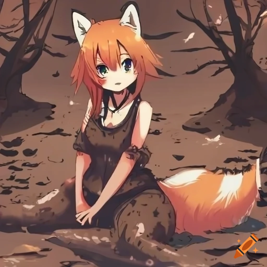Anime fox girl playing in the mud