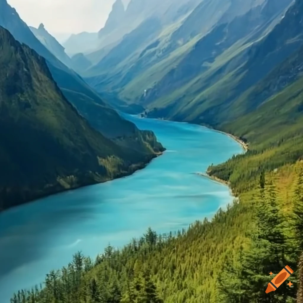 The view from the mountain below which the river flows on Craiyon