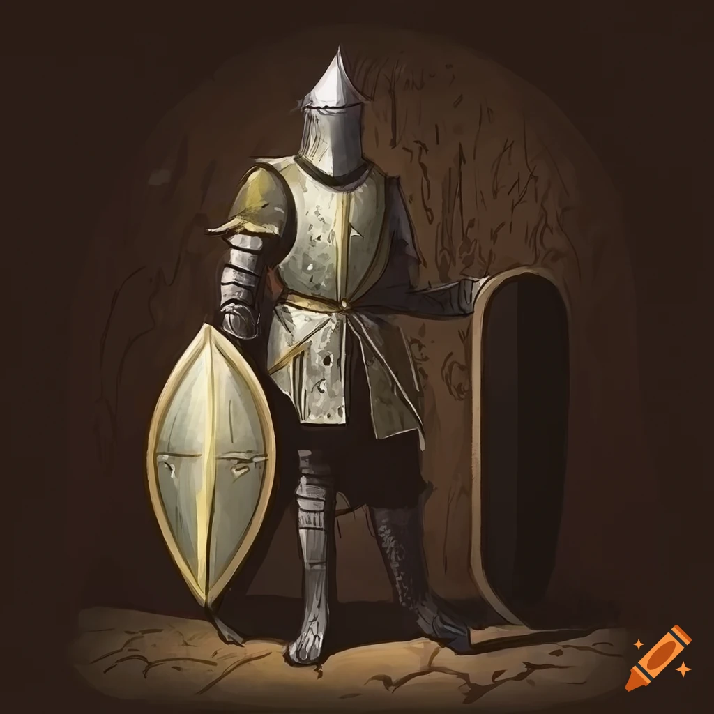 Medieval paladin with a shield in a castle in the style of alfred kubin