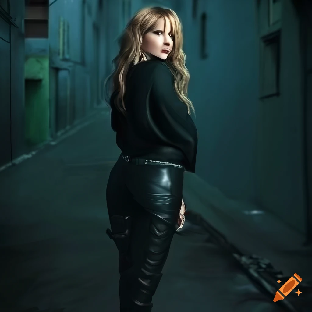 Photorealistic, Melissa Rauch, black hair, slim, punk style, sweatshirt ...