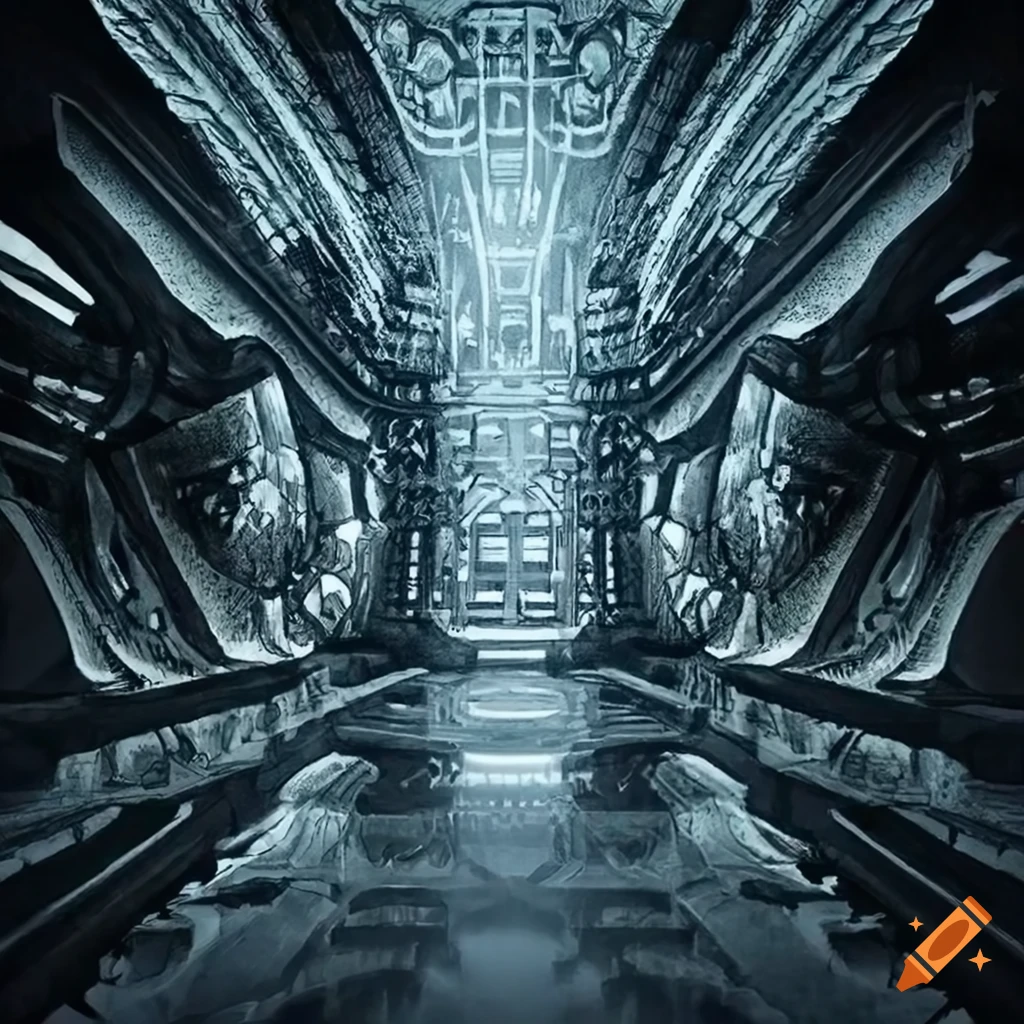 Drawings of futuristic underground city carving in a white Asian style ...