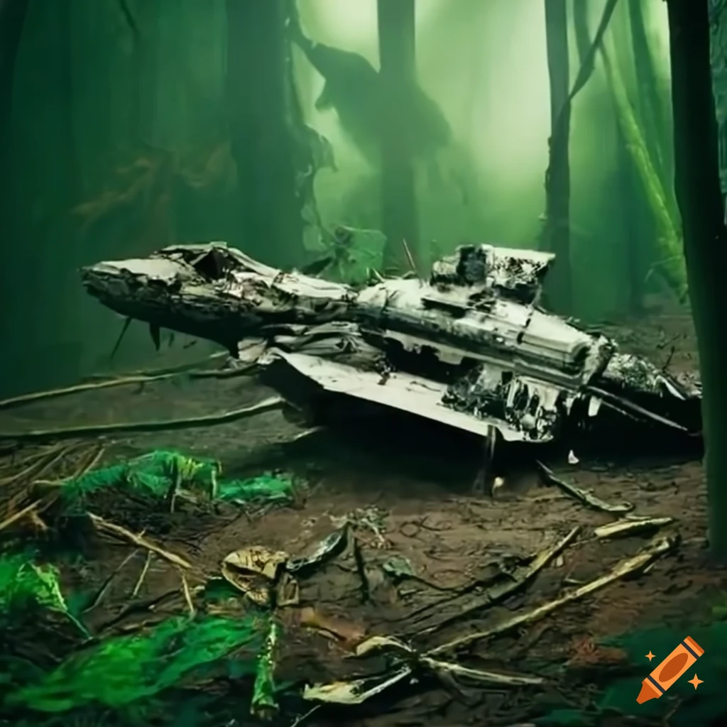 Crashed space ship in the forest on Craiyon